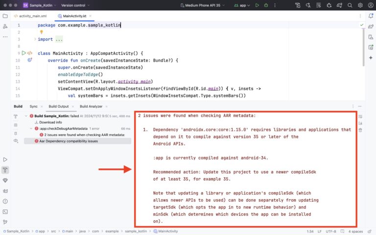 【Android Studio】An issue was found when checking AAR metadata~でアプリが実行できない場合の対処法｜Code for Fun