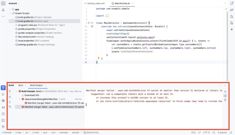 【エラー解決方法】Manifest merger failed : uses-sdk:minSdkVersion 19 cannot be ...